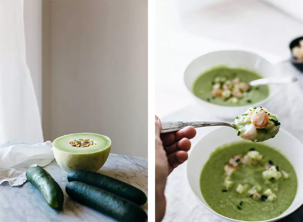 Gaspacho Cetrioli Melone e ricetta di gamberetti