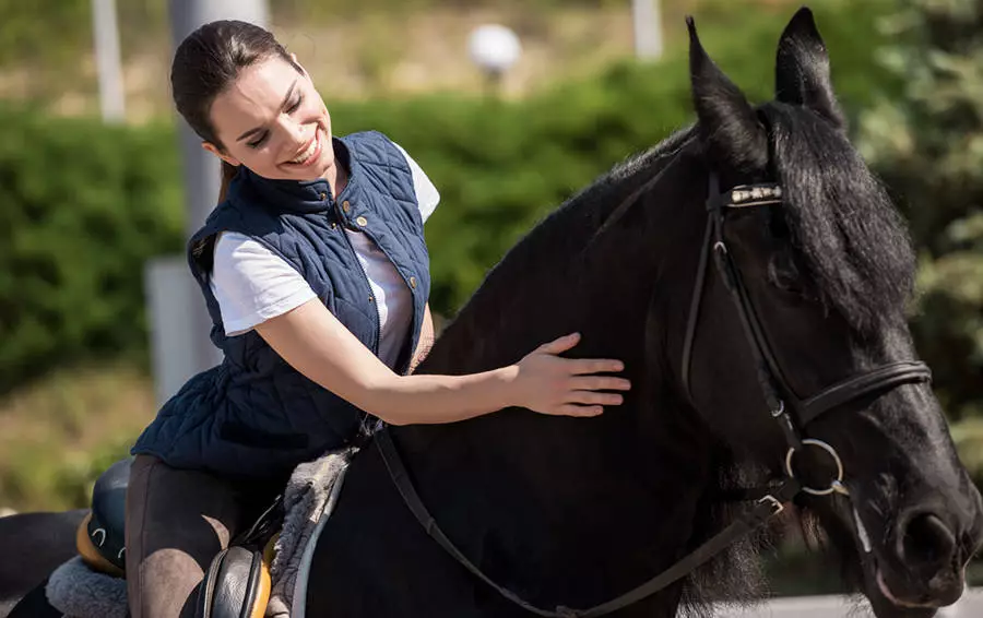 Meisje dat een paard in een paardensportcomplex berijdt